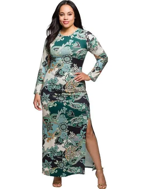 24SEVEN COMFORT APPAREL Paisley Print Long Sleeve Side Slit Maxi Dress - Green Multi