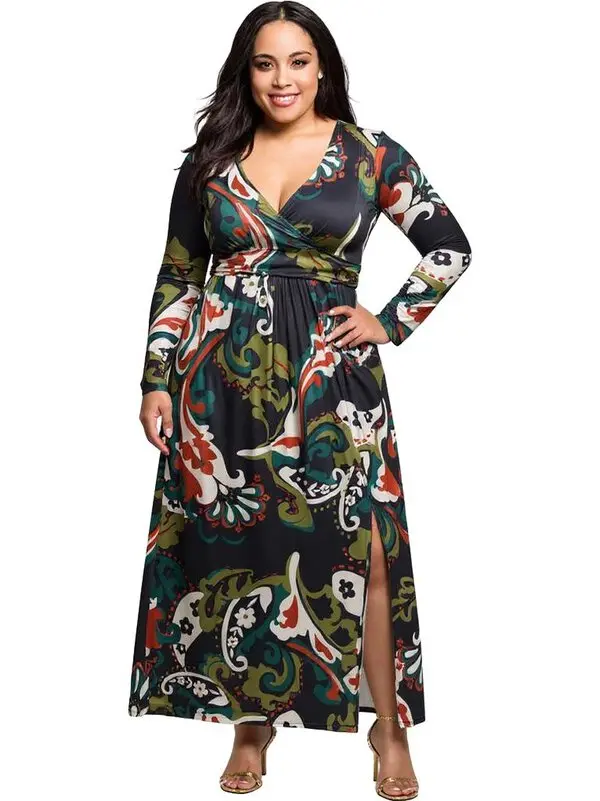 24SEVEN COMFORT APPAREL Paisley Print Wrap Maxi Dress - Navy Multi