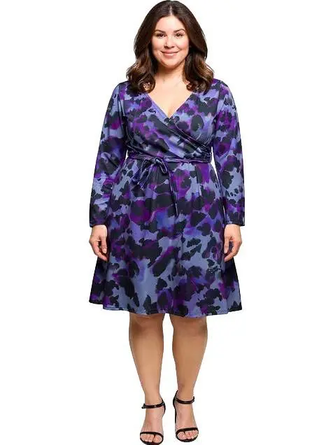 24SEVEN COMFORT APPAREL Printed Long Sleeve Wrap Dress With Belt - Purple Multi