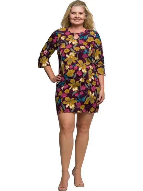 24SEVEN COMFORT APPAREL Floral Print Keyhole Neckline Sheath Dress - Purple Multi