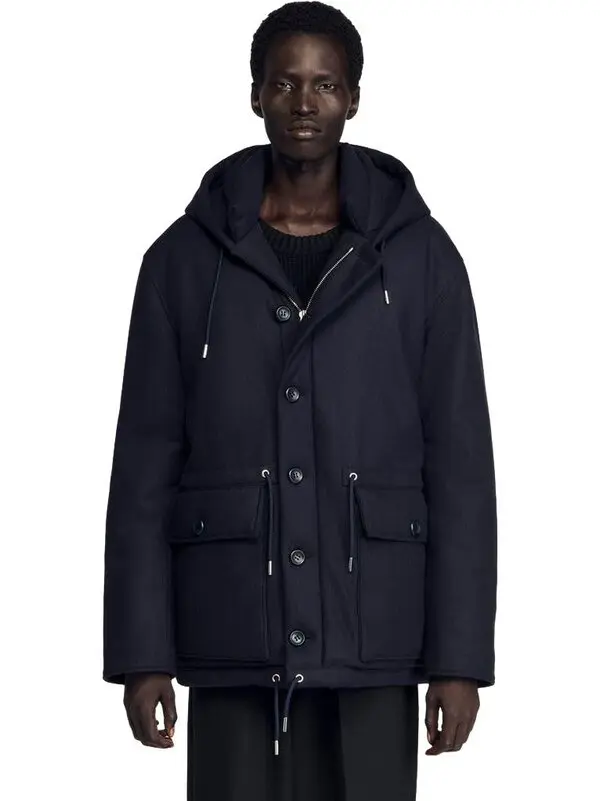 Sandro Hooded Wool Parka - Navy Blue
