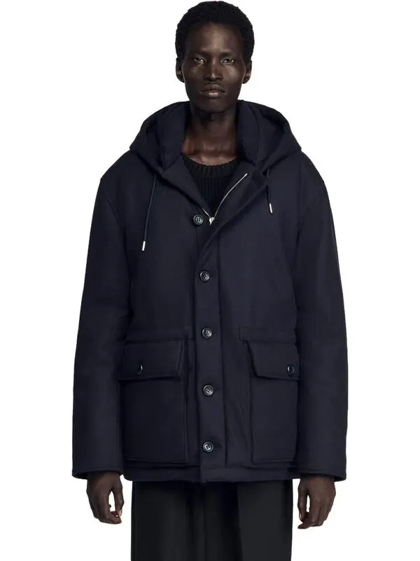 Sandro Hooded Wool Parka - Navy Blue