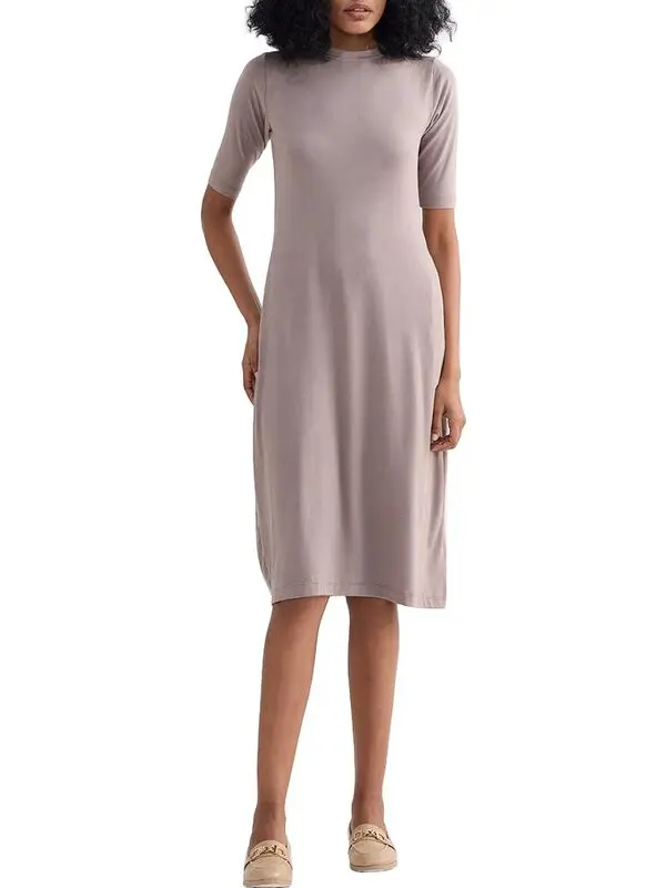 REISTOR High Neck Elbow Sleeve Midi Dress - Dusty Brown