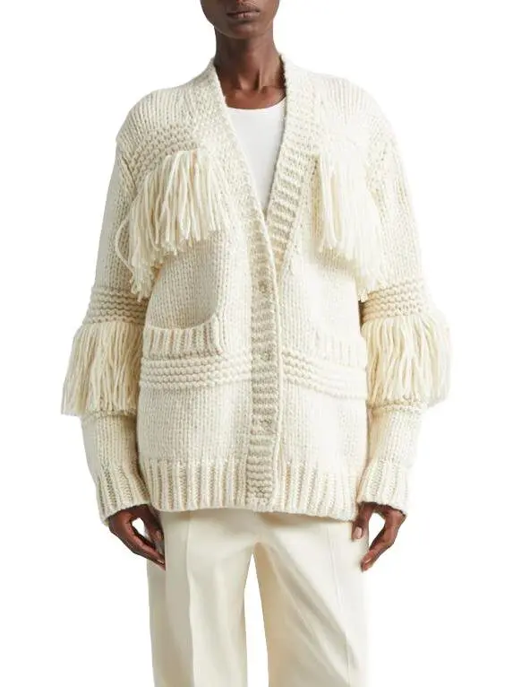 Moncler Fringe Trim Wool Blend Cardigan - White