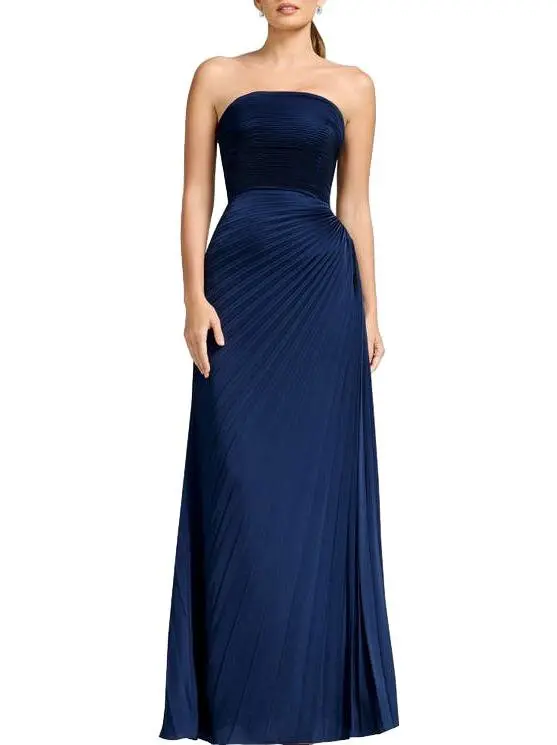 Dress The Population Kinley Accordion Pleat Strapless Gown - Navy
