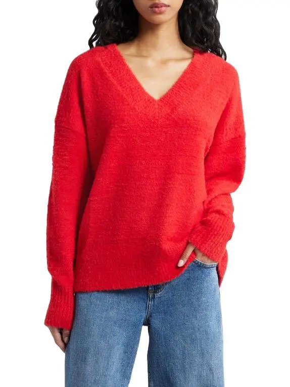 Bp. Eyelash-knit V-neck Sweater - Red Salsa