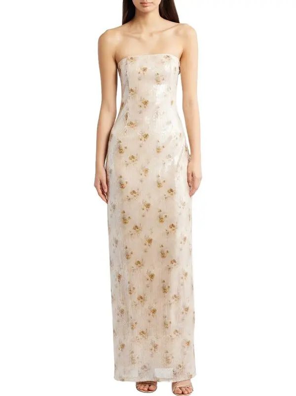 Lulus Afton Sequin Strapless Gown - Champagne Multi