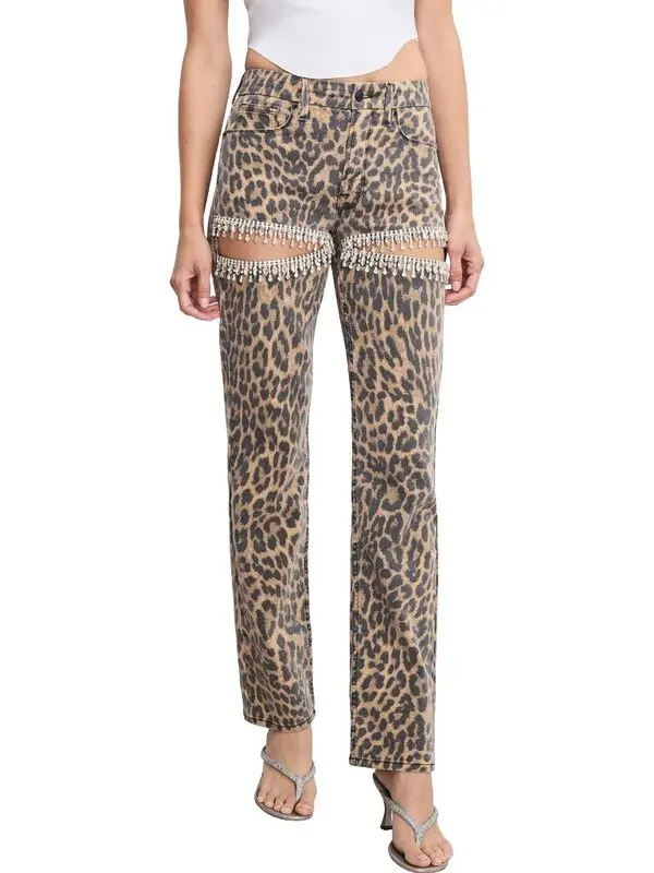 Good American Icon Crystal Embellished Straight Leg Jeans - Lucky Leopard001
