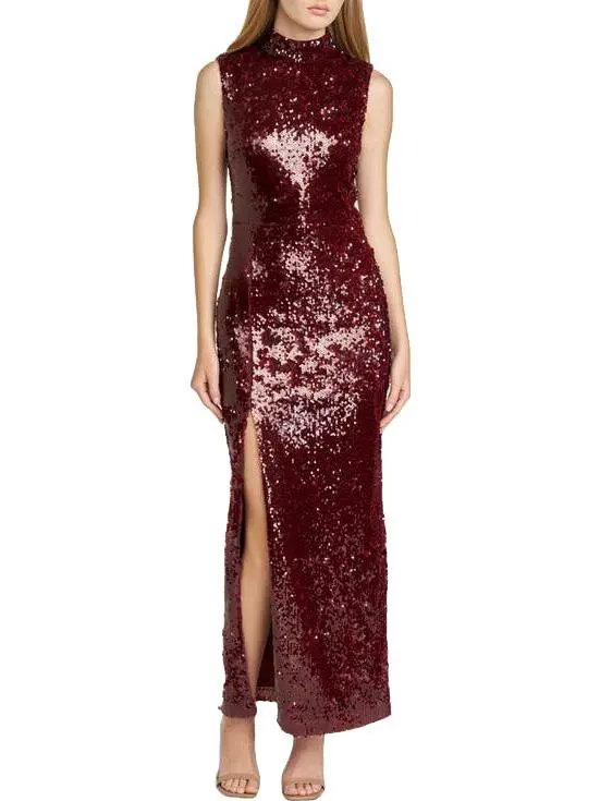 WAYF Ivy Sequin Mock Neck Sleeveless Sheath Cocktail Dress - Burgundy