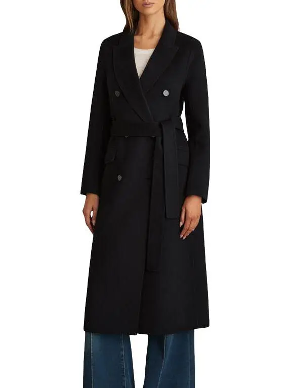 REISS Maeve Belted Double Breasted Wool Blend Coat - Navy