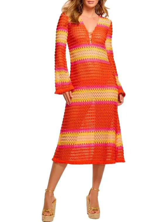 Ramy Brook Hannah Stripe Semisheer Cover-up Dress - Vivid Orange Crochet
