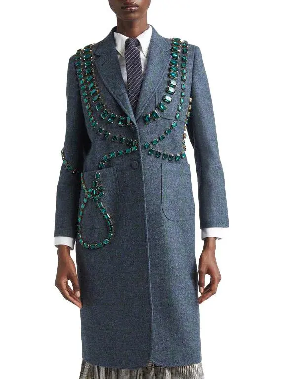 Thom Browne Windowpane Tweed Trompe L'oeil Swarovski Crystal Long Jacket - Deep Blue