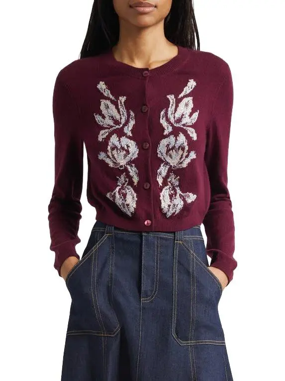 Cinq À Sept Isolde Tulip Jacquard Cardigan - Deep Plum