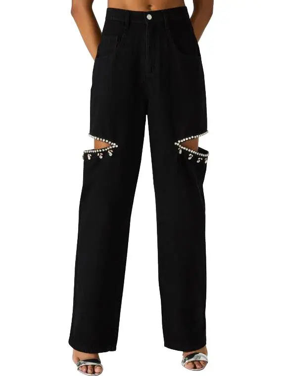 Steve Madden Ayla Embellished Slit Straight Leg Jeans - Black