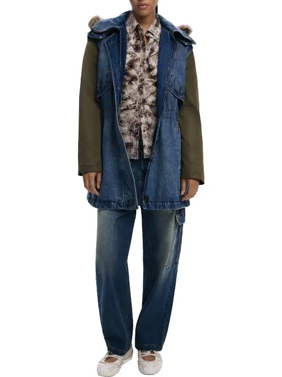 Desigual Denim Parka With Removable Hood And Sleeves - Medium Blue