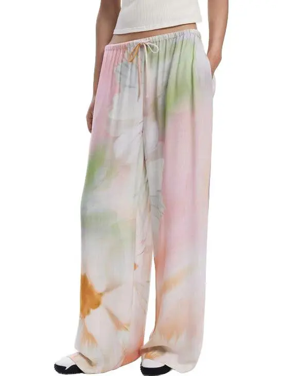 Desigual Fluid Watercolor Wide-leg Pants - Beige