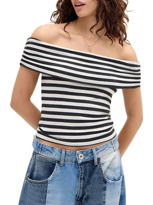 BDG URBAN OUTFITTERS Striped Off-the-shoulder Top - White Stripes