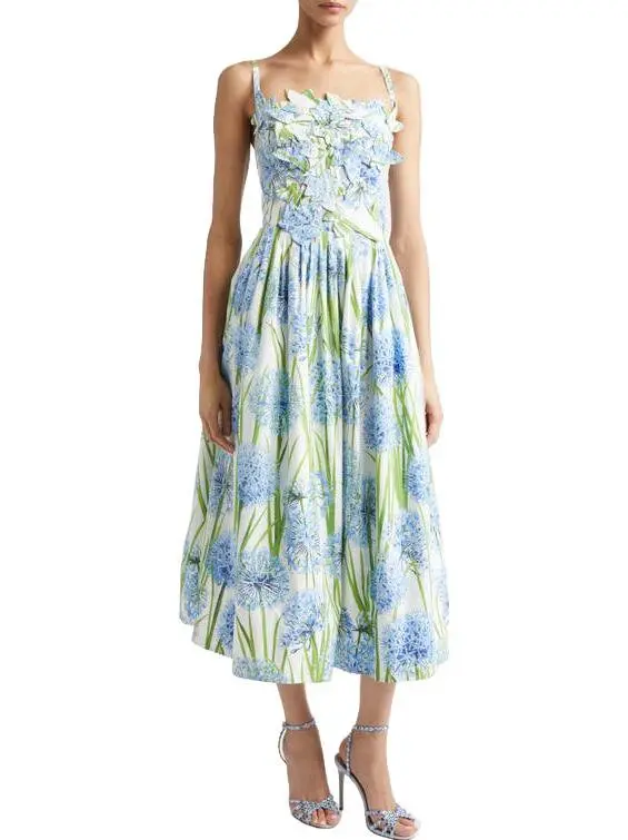 Oscar De La Renta Alliums Appliqué Pleated Fit & Flare Dress - Blue/white