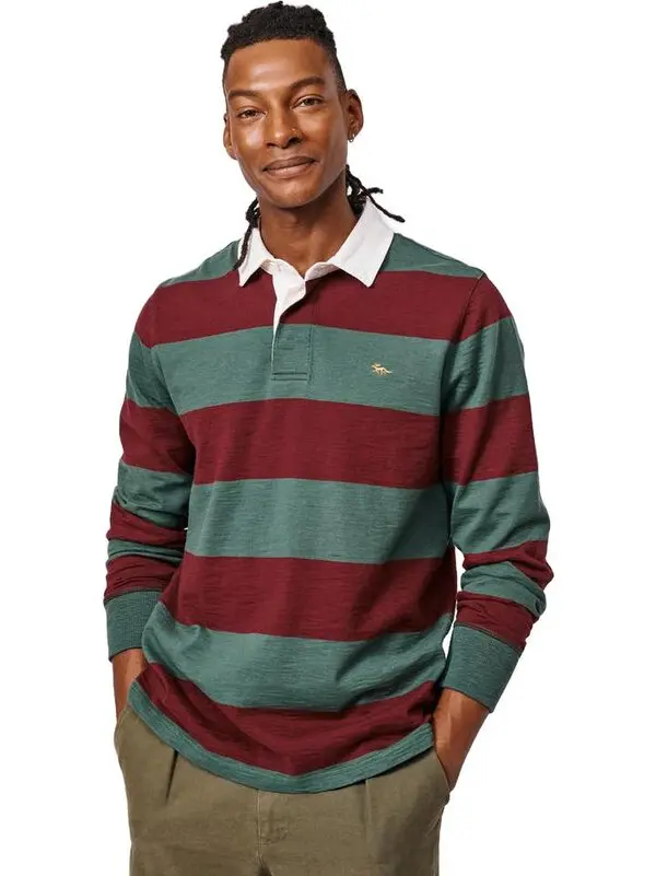 AUBIN Irnham Long Sleeve Collared Rugby Shirt - Forest/burgundy Stripe