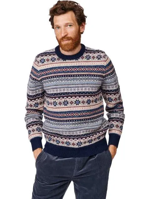 AUBIN Fair Isle Crew Neck Wool Sweater - Blue/ecru Mix