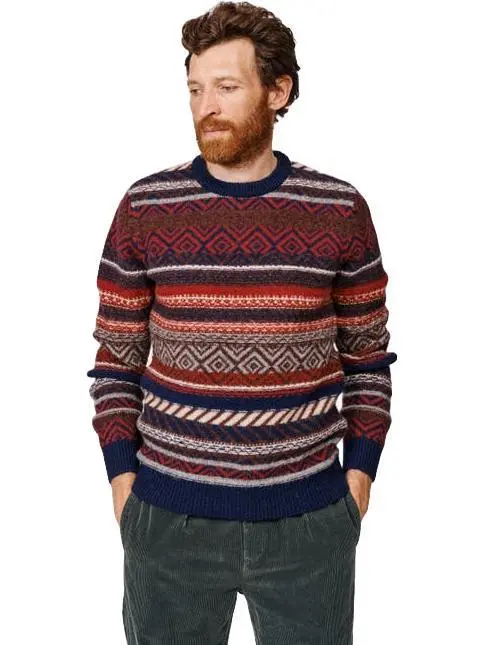 AUBIN Fair Isle Crew Neck Wool Sweater - Navy/red Mix