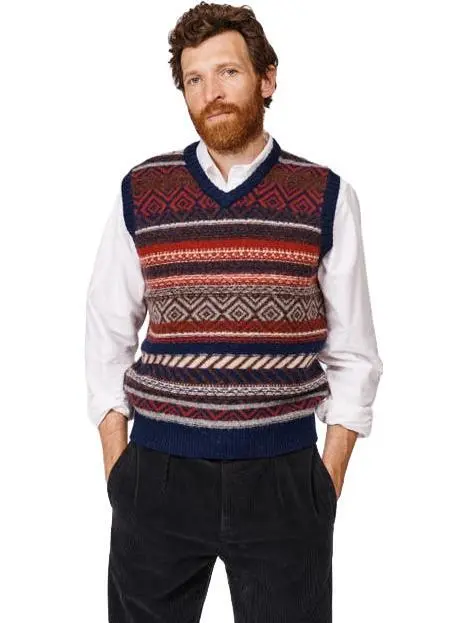 AUBIN Fair Isle Wool Knit Slipover Vest - Navy/red Mix