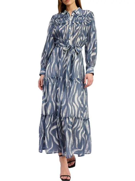 EN SAISON Cypress Long Sleeve Tie Belt Tiered Maxi Shirtdress - Slate Ivory