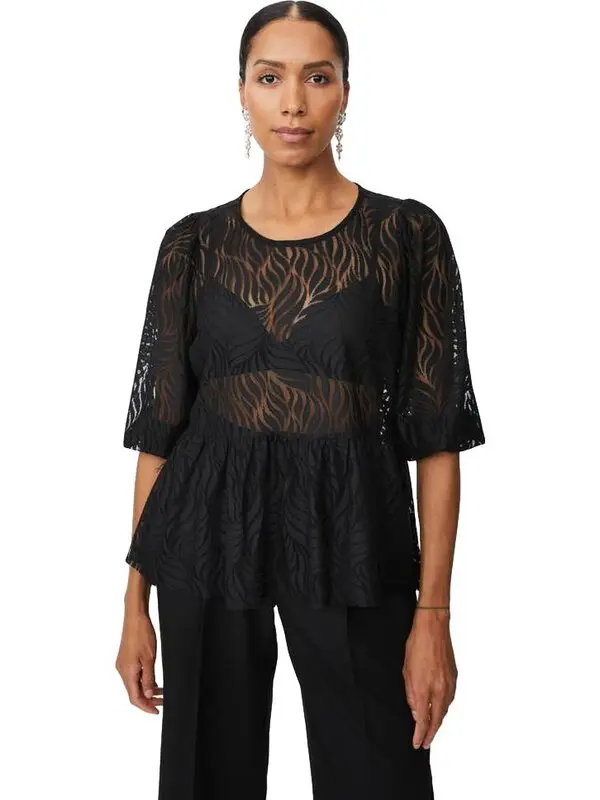 MASAI COPENHAGEN Lace Peplum Top With Puff Sleeves - Black