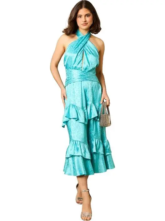 OASIS Halterneck Satin Jacquard Midi Dress - Aqua