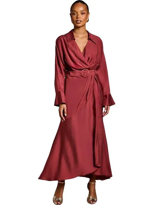 Coast Petite Long Sleeve Belted Wrap Dress - Burgundy