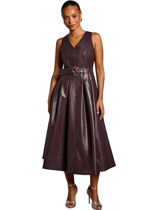 Coast Petite V-neck Sleeveless Dress With Belt - Oxblood