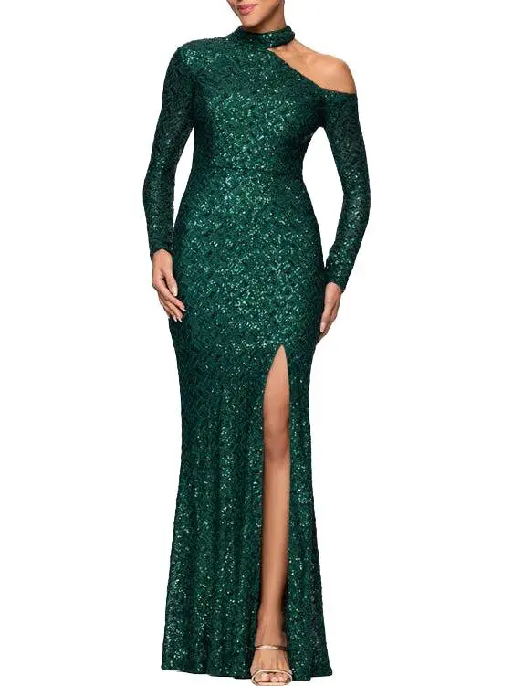 XSCAPE EVENINGS Sequin Cutout Long Sleeve Mermaid Gown - Pine