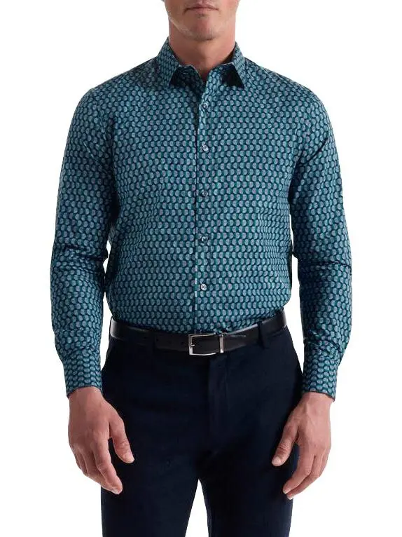 Bugatchi Julian Shaped Fit Geo Print Button-up Shirt - Teal