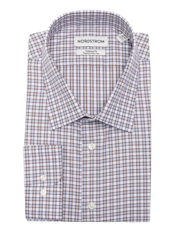 Nordstrom Traditional Fit Vega Plaid Premium Non Iron Cotton Dress Shirt - Blue- Brown Vega Plaid
