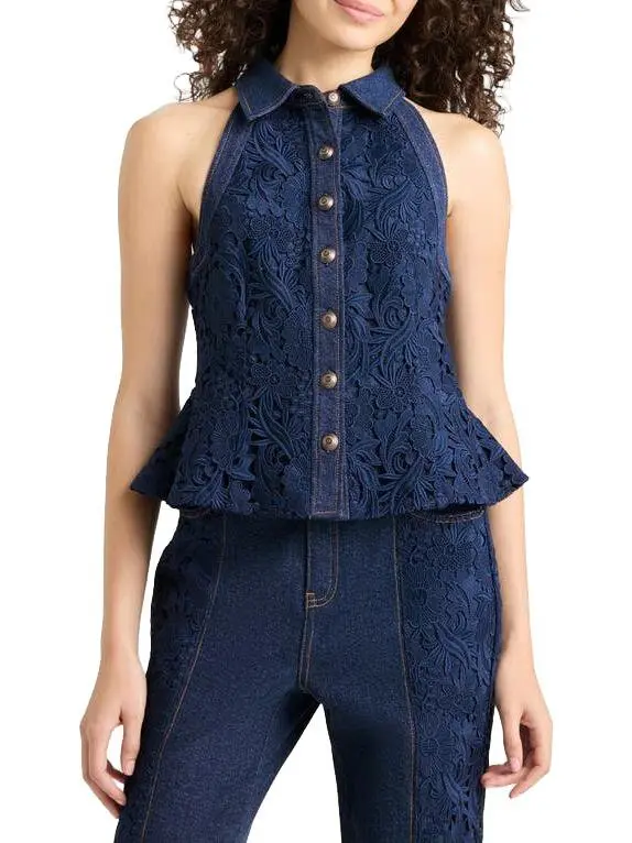 Cinq À Sept Ronin Lace & Denim Top - Navy/oceane