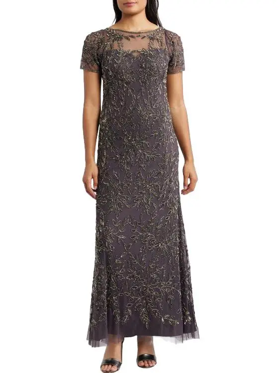 Pisarro Nights Beaded Floral Mesh Gown - Slate 421