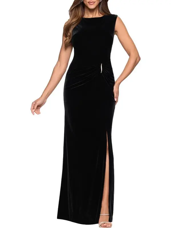 XSCAPE EVENINGS Ruched Sleeveless Stretch Velvet Gown - Black