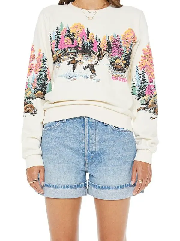MOTHER The Camper Embroidered Cotton Sweatshirt - Lake Scene