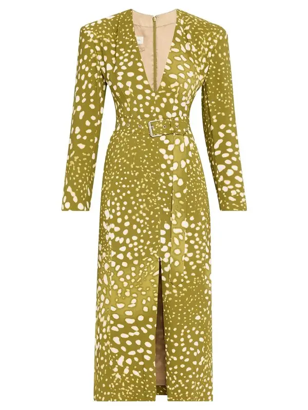 Dries Van Noten Dohana Spot Print Belted Midi Dress - Khaki