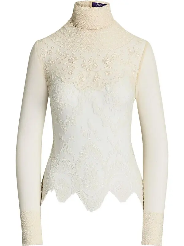 Ralph Lauren Delilah Embellished Floral Lace Turtleneck Top - Cream