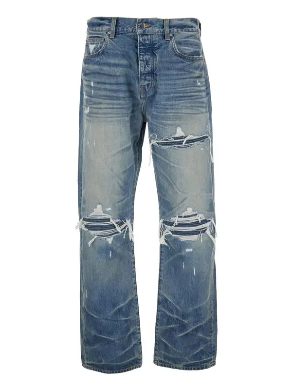 Amiri Denim Jeans With Ripped Details And Logo Patch - Blue