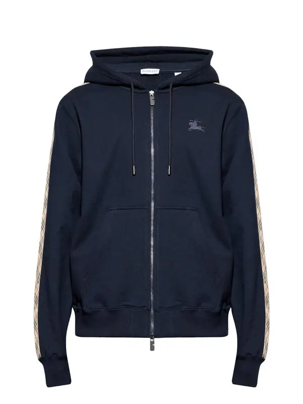 Burberry Zip-up Hoodie With Checkered Sleeves - Navy Blue