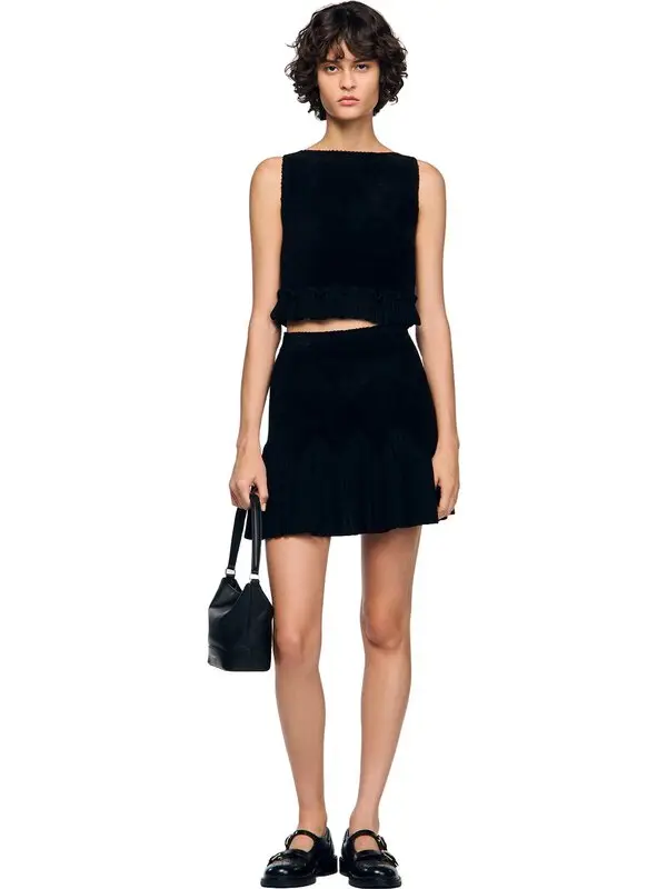Sandro Ruffled Knit Crop Top - Black