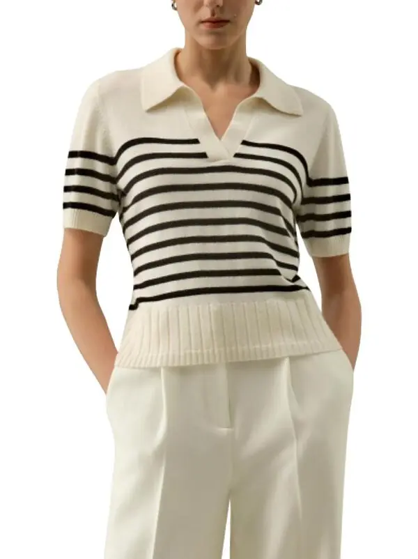 Lilysilk Striped Cashmere Polo Sweater - Black Striped