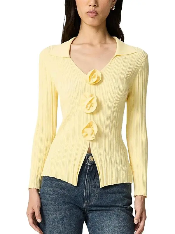NOCTURNE Floral Embellished Ribbed V-neck Sweater - Yellow