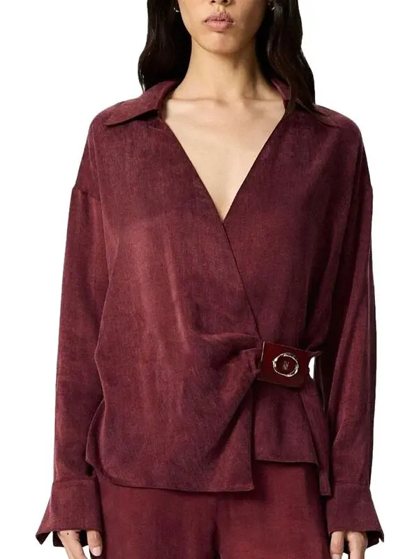 NOCTURNE Logo Buckle Wrap Blouse - Burgundy