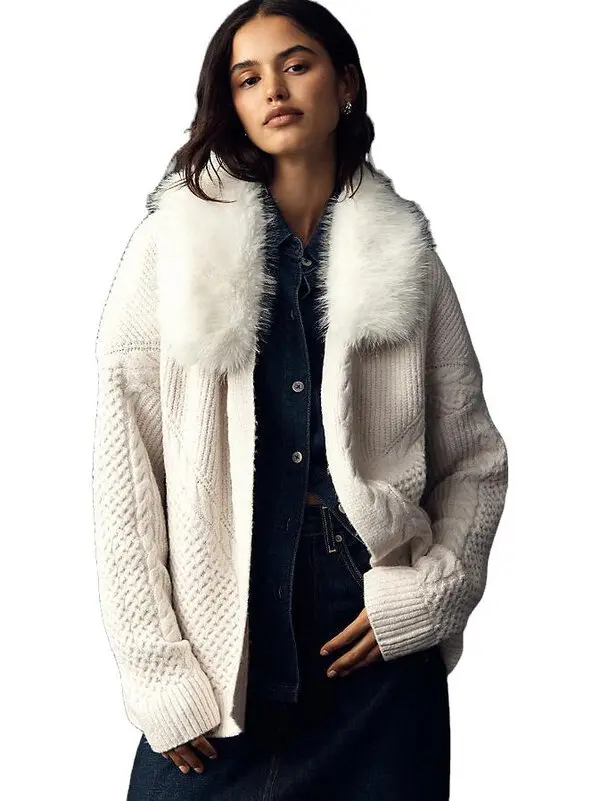 FLAT WHITE Faux Fur-collar Cardigan Sweater - Cream