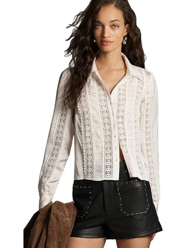 Anthropologie Lace Mix Buttondown Blouse - Ivory