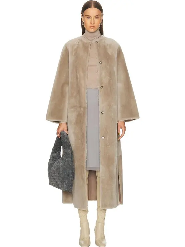 YVES SALOMON Extra Long Draped Shearling Reversible Coat - Moon