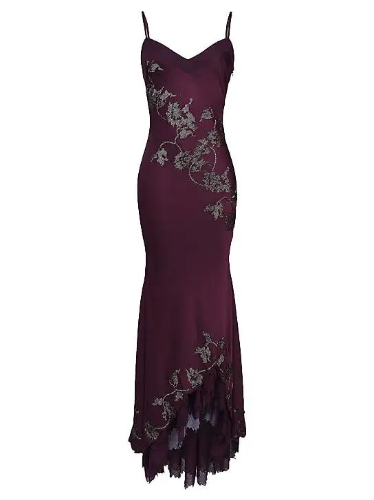 House Of Cb Anastelle Hand-beaded Satin Maxi Gown - Plum